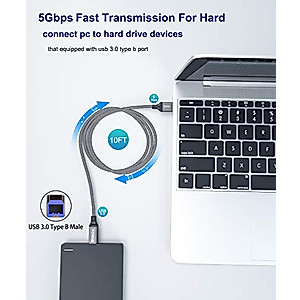 USB A to USB B 3.0 Cable (10FT), AkoaDa Durable Nylon Braided Type A to B Male Cable Compatible with Printers, Monitor, Docking Station, External Hard Drivers, Scanner, USB Hub and More Devices(Grey)