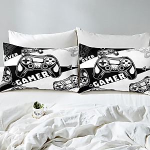 Erosebridal Gamer Fitted Sheet for Boys Girls Kids Teens,Video Game Bedding Set Twin Size,Gaming Bed Sheets Gamer Room Decor,White Black Gamepad Controller Bed Set with 1 Pillowcase