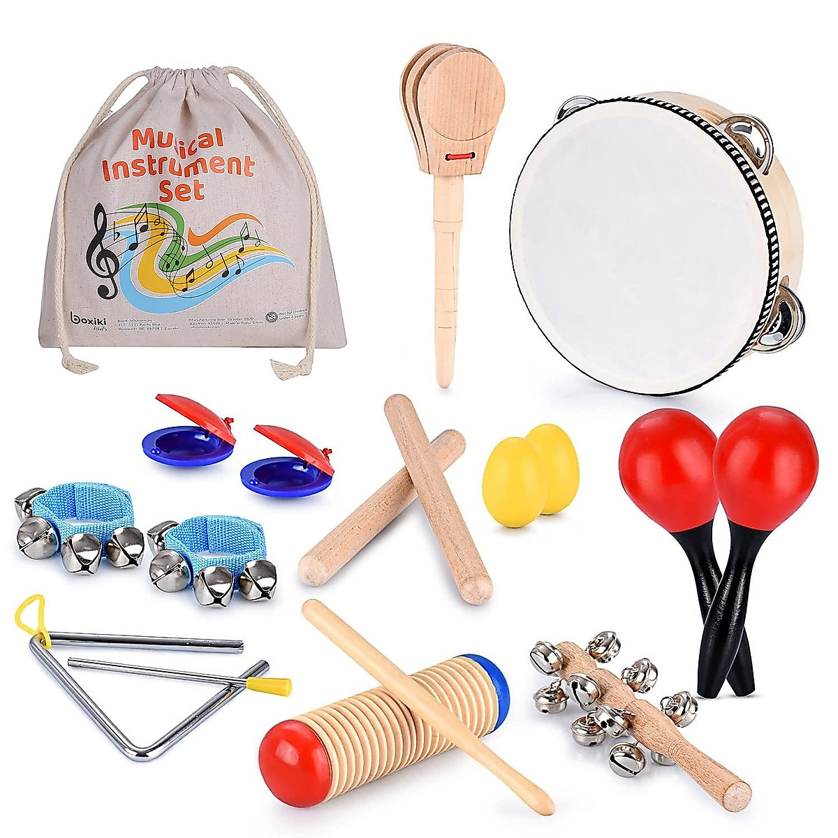 Boxiki kids Musical Instruments Set of 16 PCS - Toddler Educational & Musical Percussion for Kids - with Tambourine, Maracas & Castanets & More to Fine Motor Skills - 3+ Years Olds