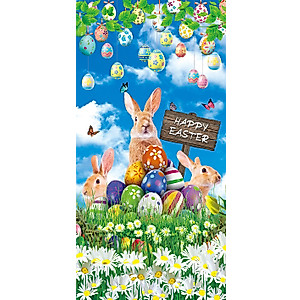 2023 Happy Easter Eggs Bunny Door Banner 3x6ft Spring Sky Grassland Flower Door Cover Banner Child Baby Shower Party Outdoor Yard Porch Sign Decoration