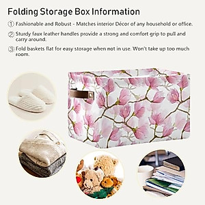 Pink Magnolia Flowers Storage Basket Bins Decorative Toy Organizer Bins Laundry Hamper Baskets with Handles for Living Room Clothes Nursery Closet Shelf Playroom,2 pcs