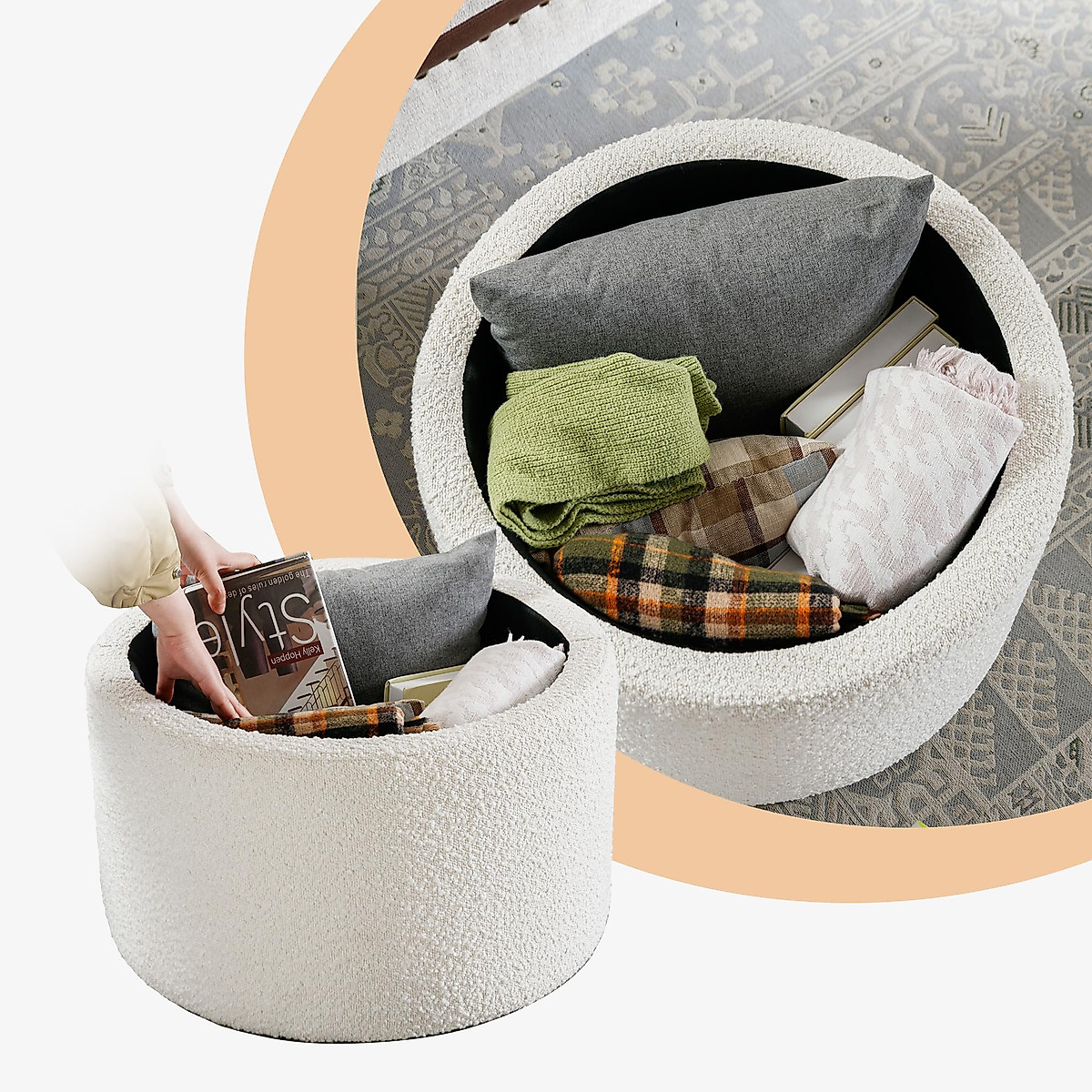 ONEVOG Large Ottoman Round Storage Ottoman with Wooden Lid, Living Room Round End Table No Assembly Required, Durable Boucle Fabric, Multipurpose End Table Support 300lbs