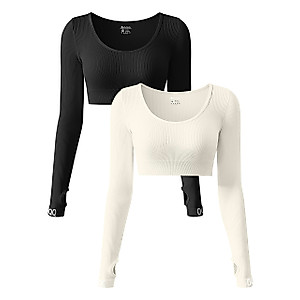 OQQ Women's 2 Piece Crop Top Workout Long Sleeve Yoga Exercise, Black,beige, Medium
