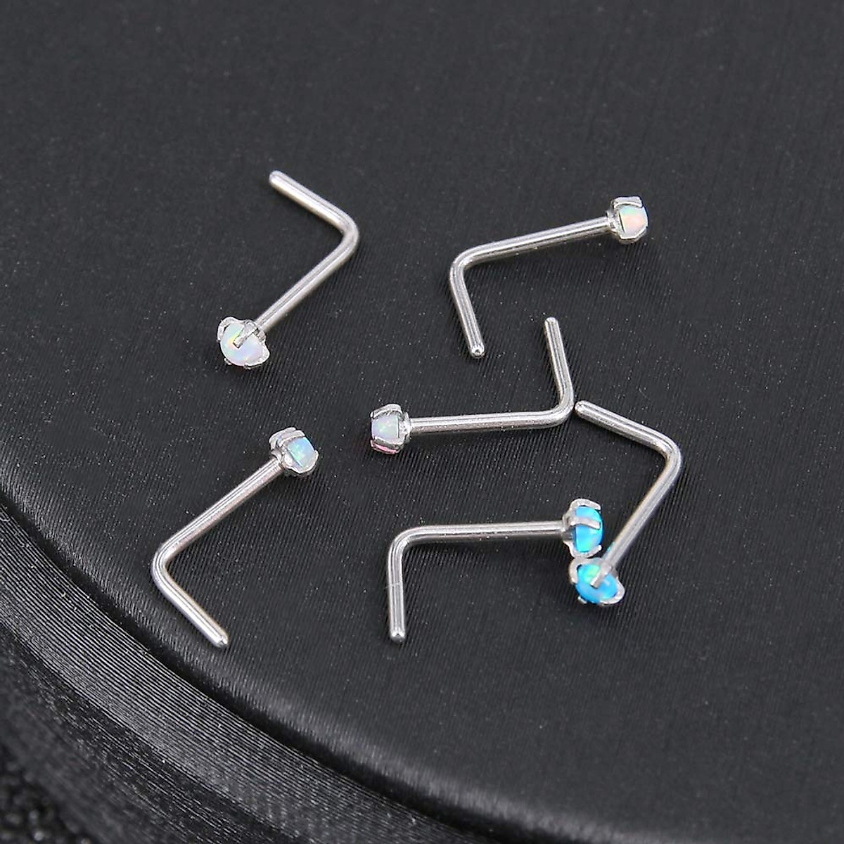 ZS 6 Pieces Opal Nose Studs 20 Gauge Nose Pin Blue Nose Piercing Stud Stainless Steel Nose Stud Retainer L-Shape (6PCS L-shaped Nose Rings)