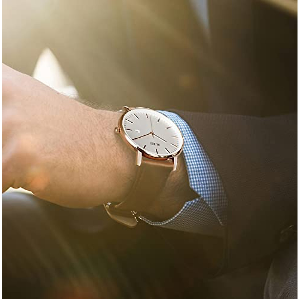 BUREI Men's Fashion Minimalist Wrist Watch Analog Date with Leather Strap (Rose Gold Brown)