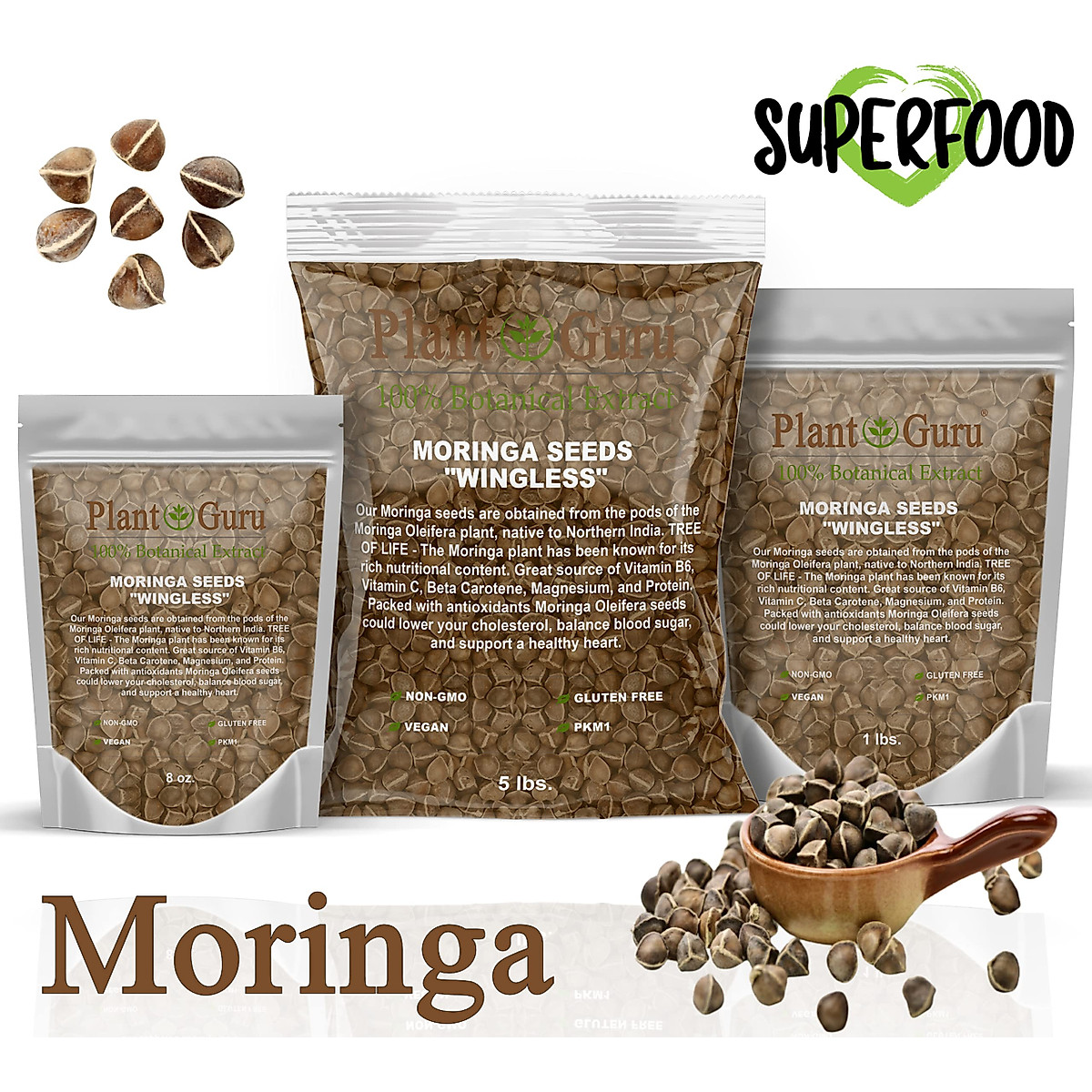 Moringa Seeds Wingless 1 lb. Wide Mouth JAR - PKM1 Variety - Edible Snacking - Planting - Moringa Oleifera - Malunggay - Semillas De Moringa - Drumstick Tree - Non-GMO - 1600 to 2000 Seeds