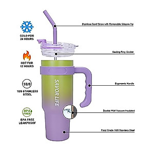 GiNT 40 oz Tumbler with Handle, Stainless Steel Insulated Tumbler with Lid and Straw, Double Vacuum Leak Proof Travel Coffee Mug - Green Purple