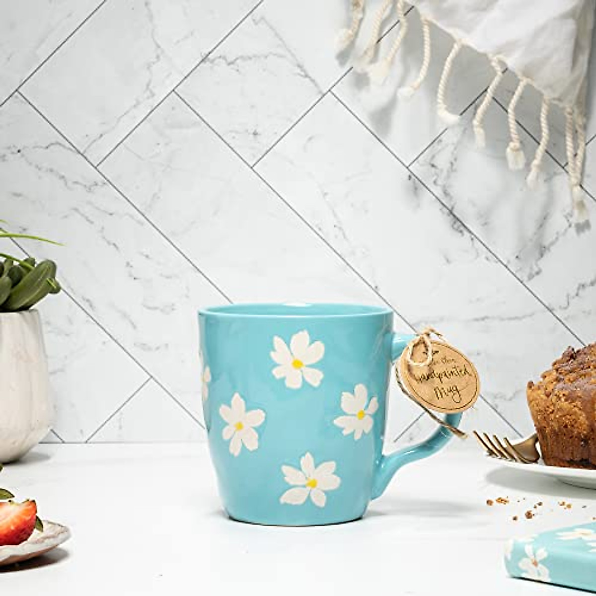 Eccolo Daisies Ceramic Coffee Mug, White and Blue Floral Handpainted Stoneware Tea Cup with Handles is Microwave, Dishwasher Safe, Medium Size Hot Drinking Cup - 16 Oz 473 ML