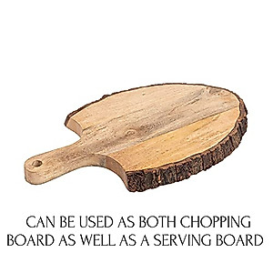 GoCraft Wooden Cutting Board with Tree Bark Rim | Paddle Shaped Mango Wood Live Edge Chopping, Prep, Serve Board with Handle | Charcuterie Platter - 16.75" x 9"