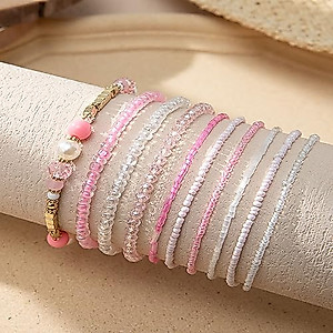Handmade Multicolor Bohemian Crystal Beaded Bracelets Set Multilayer Stackable Boho Charms Stretch Layered Bead Adjustable Bangles Strand Jewelry for Women Girls-pink