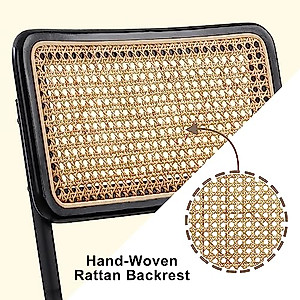 Modern Counter Height Bar Stools Set of 2 with Natural Rattan Cane and Solid Wood Backs, Boucle Fabric Upholstery with Metal Chrome Legs Mid Century Bar Chairs (Black, 2PCS-24'' Counter Height Stool)