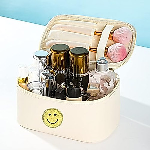 WALONER 2 Pack Preppy Patch Makeup Bag Leather Cosmetic Bag Makeup Pouch, Portable Waterproof Travel Toiletry Organizer,Toiletry Bag for Women Girls Gifts (White)