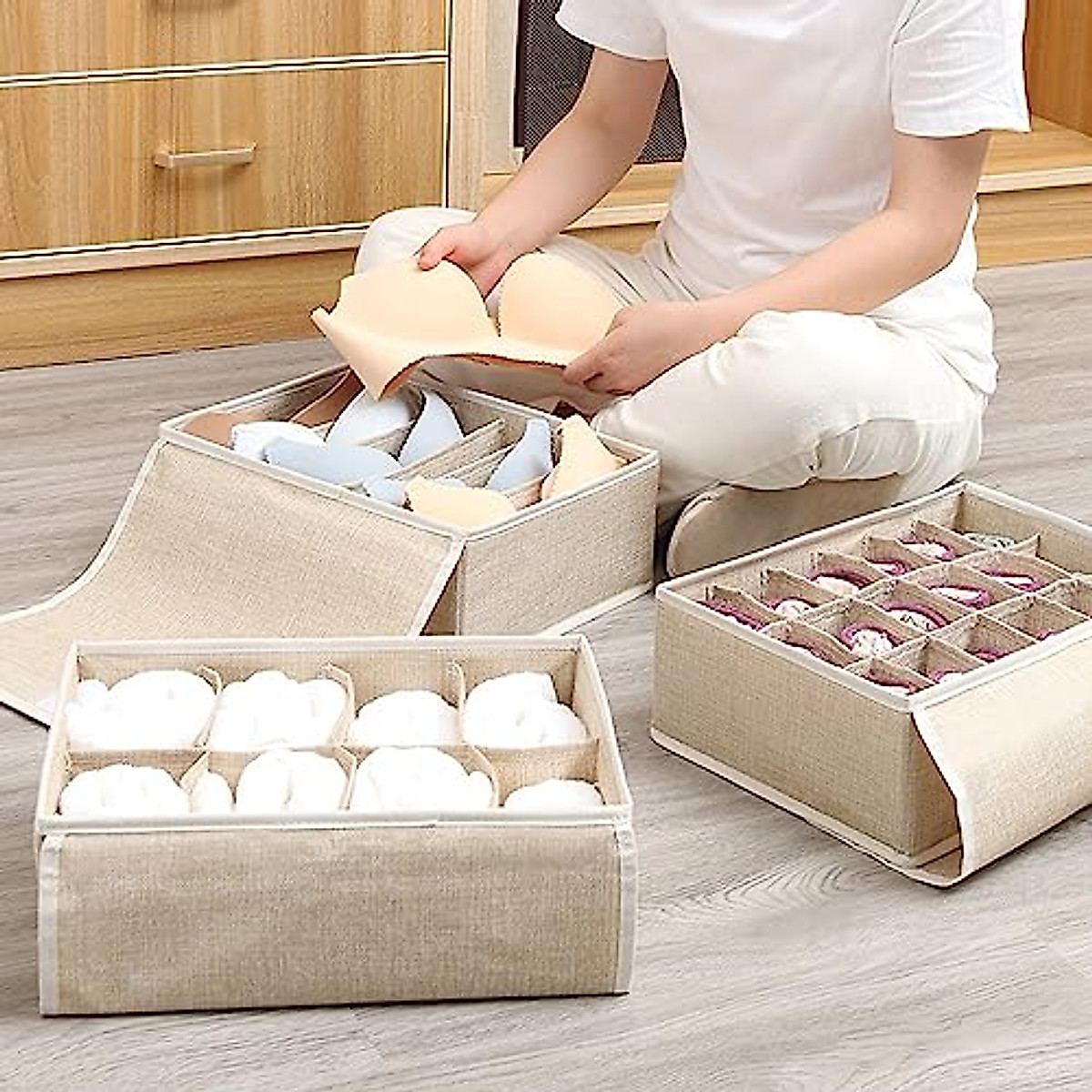 degtnb Underwear Drawer Organizer, Sock Organizer Large Capacity Wear Resistant Cotton Flax 6-Grids Socks Bra Underpants Organizer Box