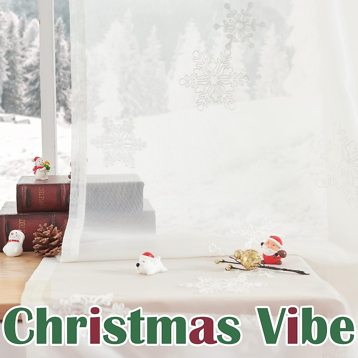 jinchan Christmas Curtains White Snowflake Embroidered Sheer Curtains 84 Inch Length Light Filtering Xmas Backdrop Window Curtains for Living Room 2 Panels Set Bedroom Rod Pocket Curtains