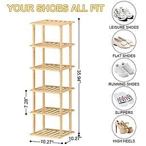 Bamboo Shoe Rack - Vertical Shoe Rack for Small Spaces, Skinny Shoe Shelf Space Saving Storage, Tall Vertical Narrow Shoe Rack for Front Door Entrance Closet Corner Garage