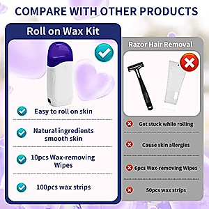Roll on Wax, Waxing Kit for Women, Roll on Wax Warmer Kit, Roller Waxing Kit for Women & Men Sensitive Skin (White-Blue)