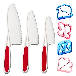 StarPack Kids Knife Set of 3 & 4x Sandwich Cutters for Kids - Toddler Knife Set & Fun Sandwich Cutters for Kids - Kids Knives for Real Cooking & 4x cookie cutters/sandwich cutters (Cherry Red)