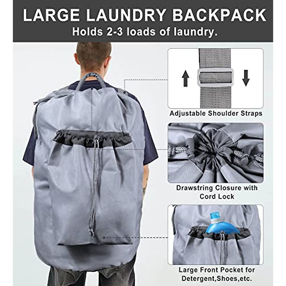 VividPaw Laundry Bag Extra Large Heavy Duty, Laundry Backpack for College students, Travel Laundry Bags with Adjustable Strap, Pockets and Handle, Dirty Clothes Hamper, College Dorm Room Essentials (Grey)