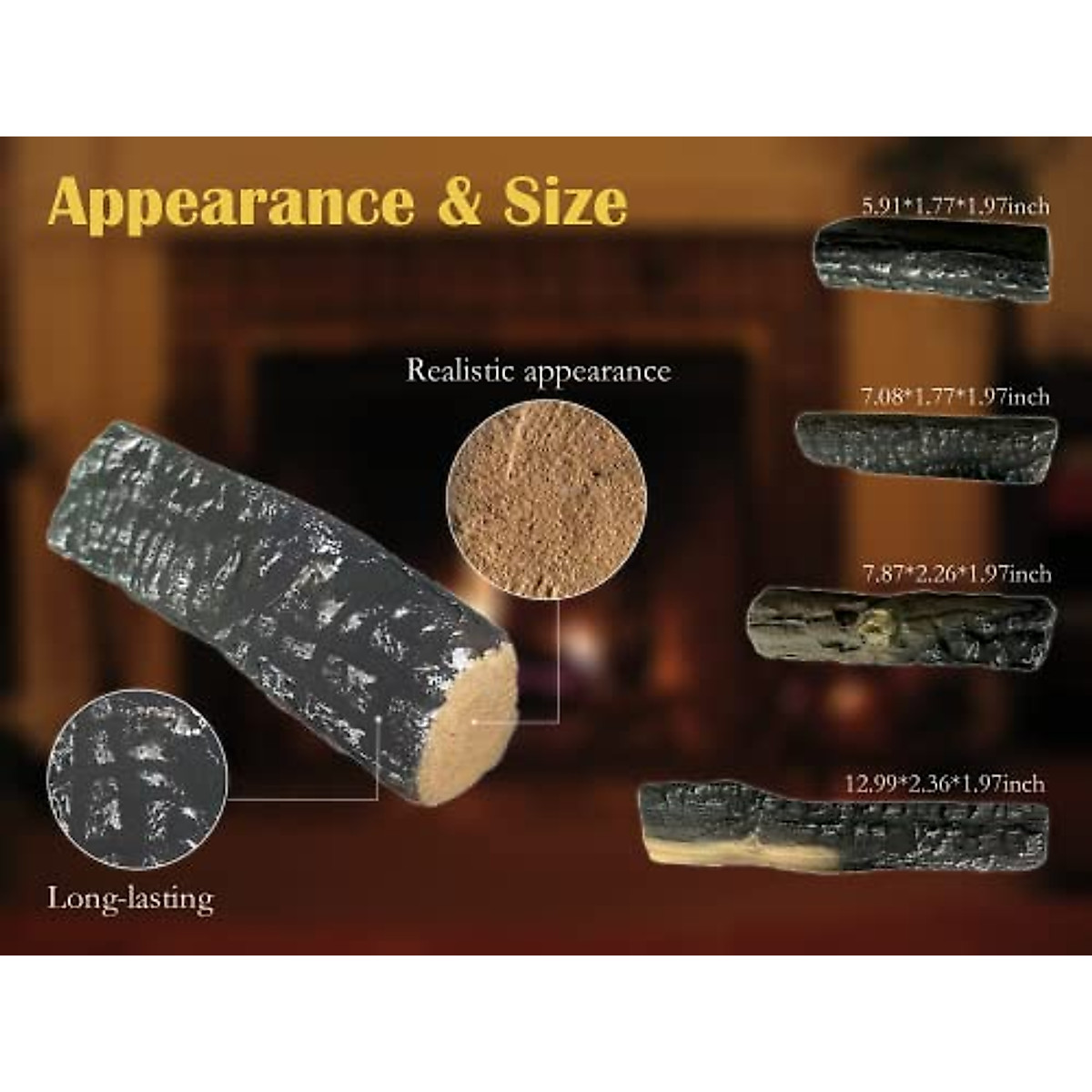 Large Gas Fireplace Logs Set of Ceramic Wood Logs. Use in Indoor, Gas Inserts, Vented, Electric, or Outdoor Fireplaces & Fire Pits. Realistic Clean Burning Accessories (4pcs)