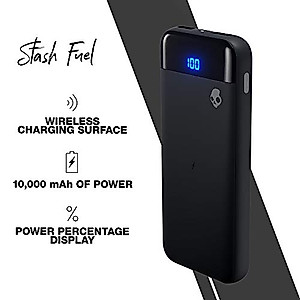 Skullcandy Stash Fuel Wireless Portable Charger, 10000mAh Power Bank with 10W Wireless Charging, 1x USB C and 2x USB A Charging Ports, Bonus USB A to Micro USB / Type C Dual Charging Cable - Black
