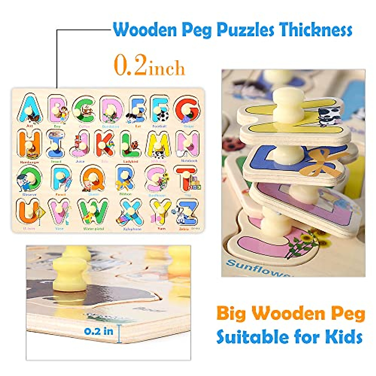 Wooden Peg Puzzles Set for Toddlers 3 4 Years Old, Alphabet ABC, Numbers and Farm Animals Learning Puzzles Board for Kids, Preschool Educational Pegged Puzzles Activity Toys Gift for Boys Girls