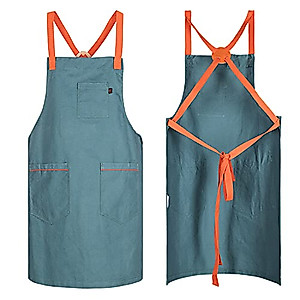 CHEFSPRIDE Professional Chef Apron for Men & Women - 100% Cotton Adjustable Kitchen Chef Apron with Cross Back & Tool Pockets, Emerald Green with Orange Straps