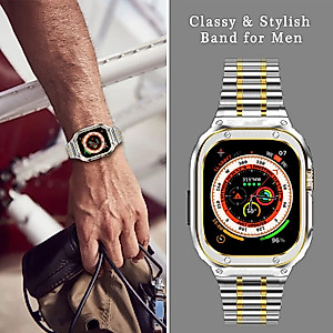 MioHHR Stainless Steel Watch Band with Case Compatible with Apple Watch Ultra 2 1(49mm),Rugged Strap with Metal Protective Bumper Cover for iWatch Band Men(Silver/Gold)