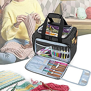 Teamoy Yarn Storage Bag, Travel Knitting Tote Bag with Foldable Inner Dividers for WIP, Yarn Skeins and Knitting Accessories, Black