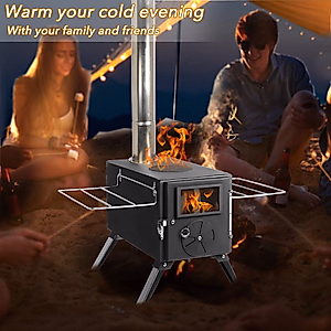 UNDUSLUY Outdoor Portable Wood Burning Stove, Heating Burner Stove for Tent,Camping, Ice-fishing, Cookout, Hiking, Travel, Includes Pipe Tent Stove+Tent Stove Jack