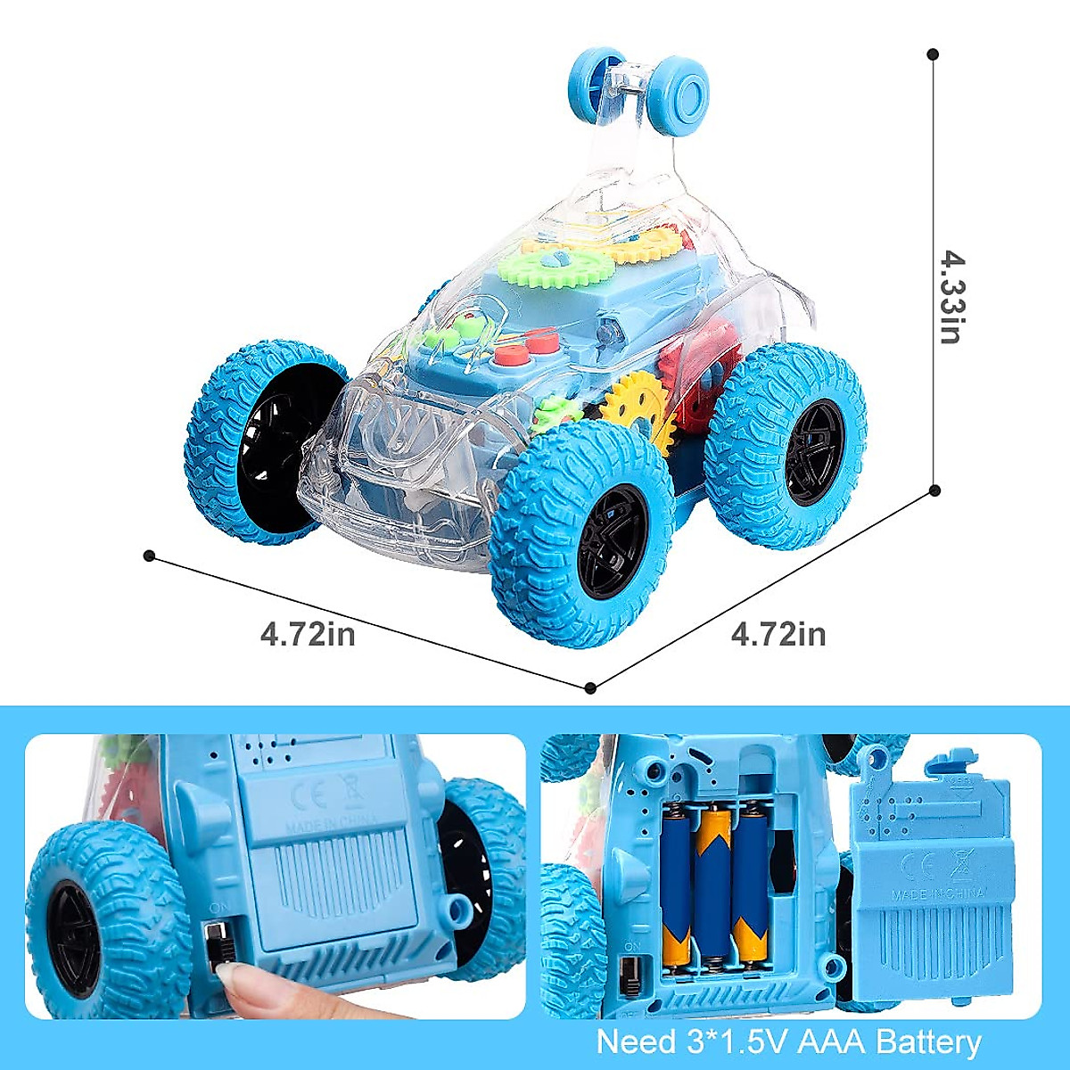 TAKIHON Car Toys for Boys,Monster Trucks with Music&Light,360° Rotating Stunt Cars,Transparent Mechanical Gear Flip Vehicles Toys,Gift for Kids,Toddlers