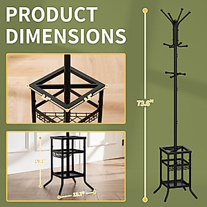 Yoobure Coat Rack Freestanding, Coat Tree with Umbrella Holder, Metal Coat Rack Stand with 12 Hooks, Modern Coat Hanger Stand for Entryway, Purse Rack Hat Rack Stand for Living Room Bedroom Office