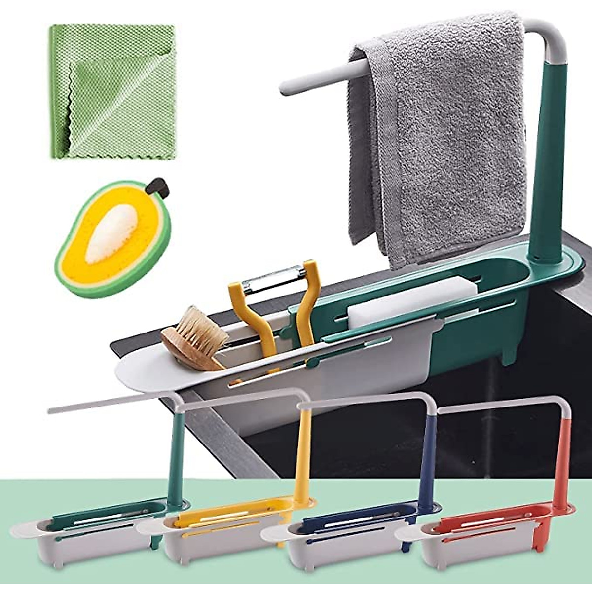 cearwany Telescopic Sink Storage Rack Holder, Adjustable 2 in 1 Drainer Basket Tray Sponge Soap Holder, Expandable Sink Organizer Holder Dish Cloth Hanger for Home Kitchen, Green