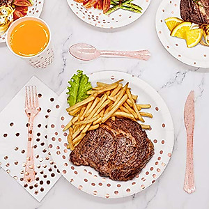 Partylamb White & Rose Gold Party Supplies, 350 PCS Disposable Dinnerware Set with Plates Napkins Cups Forks Knives Spoons for Birthday Baby Bridal Shower Valentine Wedding Party(A1.White & Rose Gold)