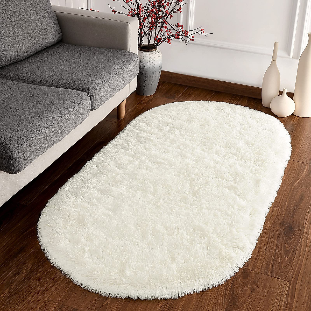 Softlife Fluffy Rugs for Bedroom, Shag Cute Area Rug for Girls/Boys and Kids Baby Room Home Decor, 2.6 x 5.3 Feet Oval Indoor Carpet for Nursery Dorm Living Room, Creamy