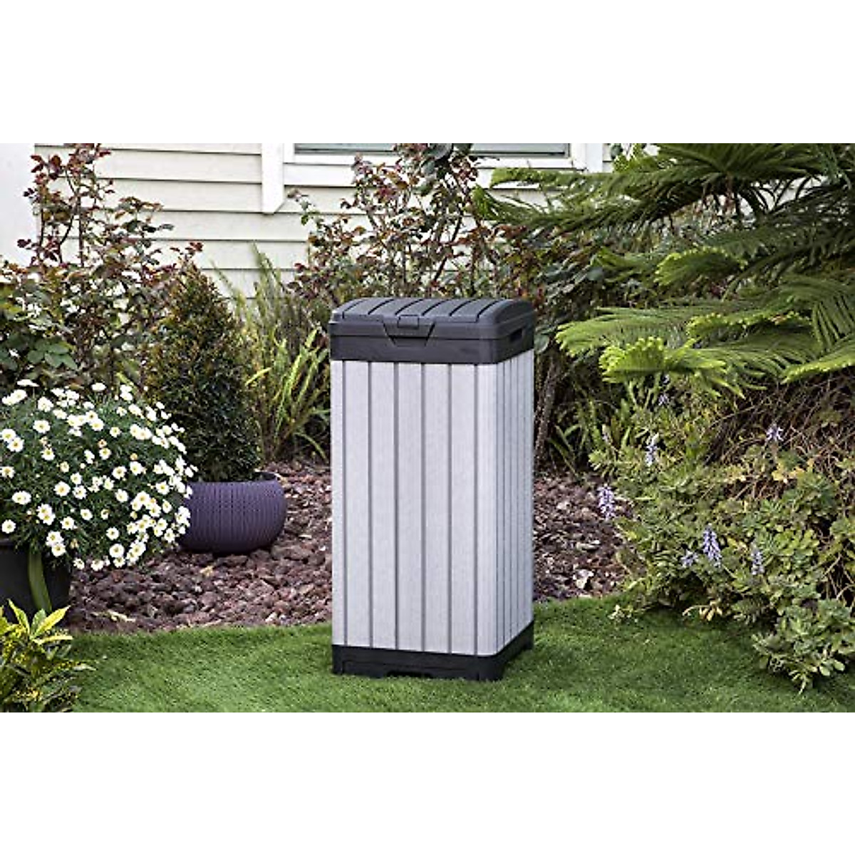 Keter Rockford Resin 38 Gallon Trash Can with Lid and Drip Tray for Easy Cleaning-Perfect for Patios, Kitchens, and Outdoor Entertaining, Grey