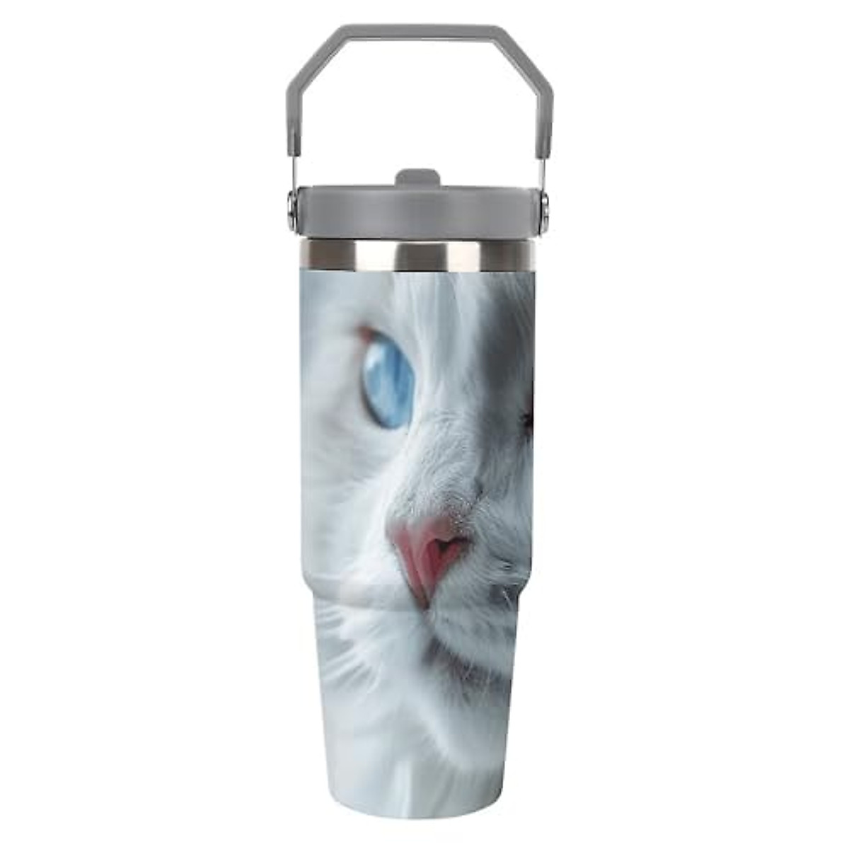 30oz Stainless Steel Insulated Tumbler with Flip Lid & Straw, Leakproof Travel Mug for Car, Blue Eyes Cat Double Wall Vacuum Thermal Coffee Cup with Handle, Spill-Proof Design for Hot/Cold Drinks