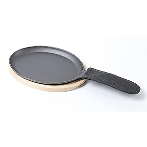 HAWOK Cast Iron Fajita Plate Sizzler Pan Set with Wooden Tray and Handle Holder, Pre-seasoned Cast Iron Skillet with Wooden Base and Handle Cover