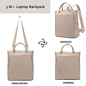 LORADI Convertible Laptop Tote Bag, Faux Leather Backpack Fit for 14 inches Laptop, Beige