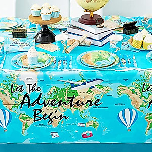 Adventure World Awaits Map Plastic Tablecloth - 2pcs 54*108" Travel Themed Table Decorations Supplies Bon Voyage Disposable Rectangle Table Cover for Baby Shower Birthday Graduation Retirement