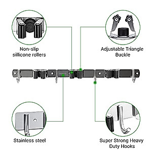 Broom Mop Holder Wall Mounted - Stainless Steel - Closet Storage Organizer For A Clean Home- Strong Heavy Duty 3m Self Adhesive Tape For Easy Installation- Utility Hooks For Everyday Tool Organization