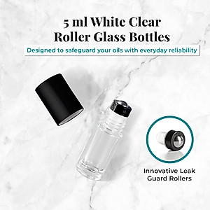 Your Oil Tools 10 Pack Essential Oil Roller Bottles, 5ml Empty Clear Glass Roll-on with Leak Guard Stainless Steel Roller Balls & Black Caps for oils and perfume