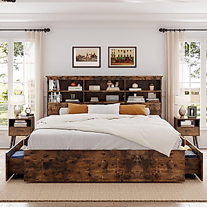 GarveeHome Storage Wooden Bed Frame King Size with Bookcase Headboard and 4 Large Drawers, No Box Spring Needed, Heavy Duty Metal Slats, Noise Free, Easy Assembly, Vintage Brown
