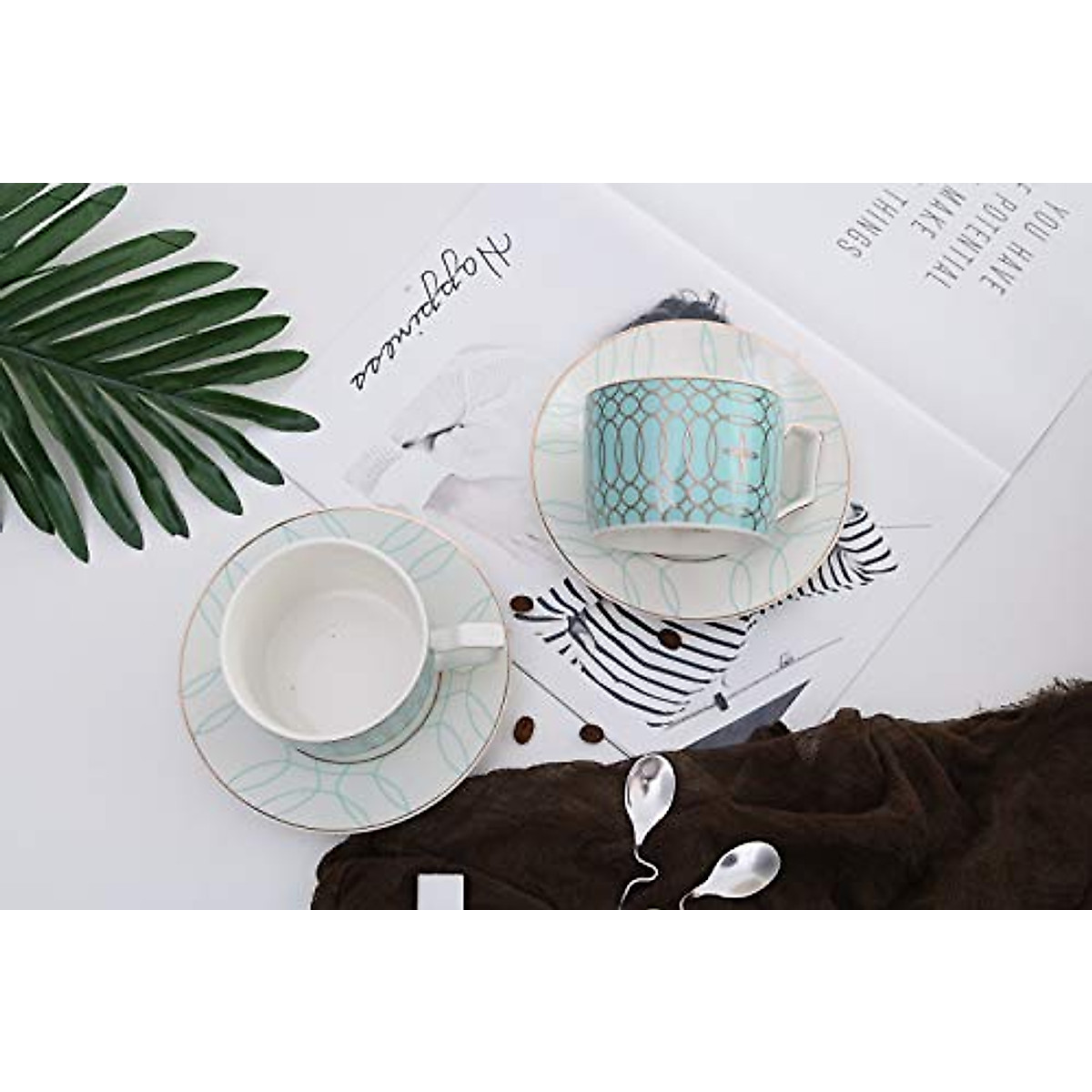 Jusalpha Porcelain Tea Set-Service of 4- Modern Elegant Mint Green Tea Cup and Saucer Set-Coffee Cup Set with Saucer and Spoon,TCS15 (4) (Blue)