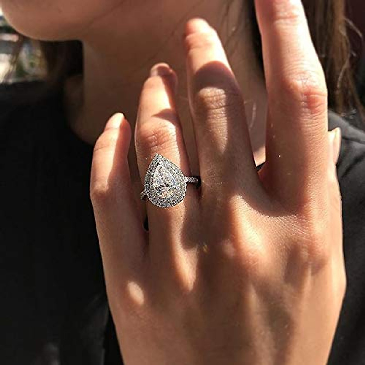 ChenFeng Sterling Silver Simulated Pear-Shaped CZ Halo Engagement Ring with Side Stones Promise Bridal Ring (7)