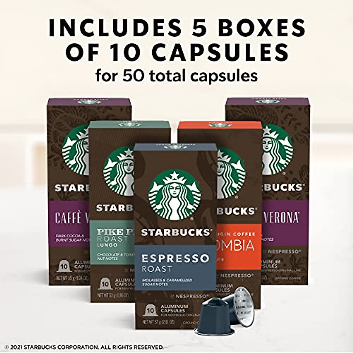 Starbucks by Nespresso, Intense Variety Pack (50-count single serve capsules, 10 of each flavor, compatible with Nespresso Original Line System)