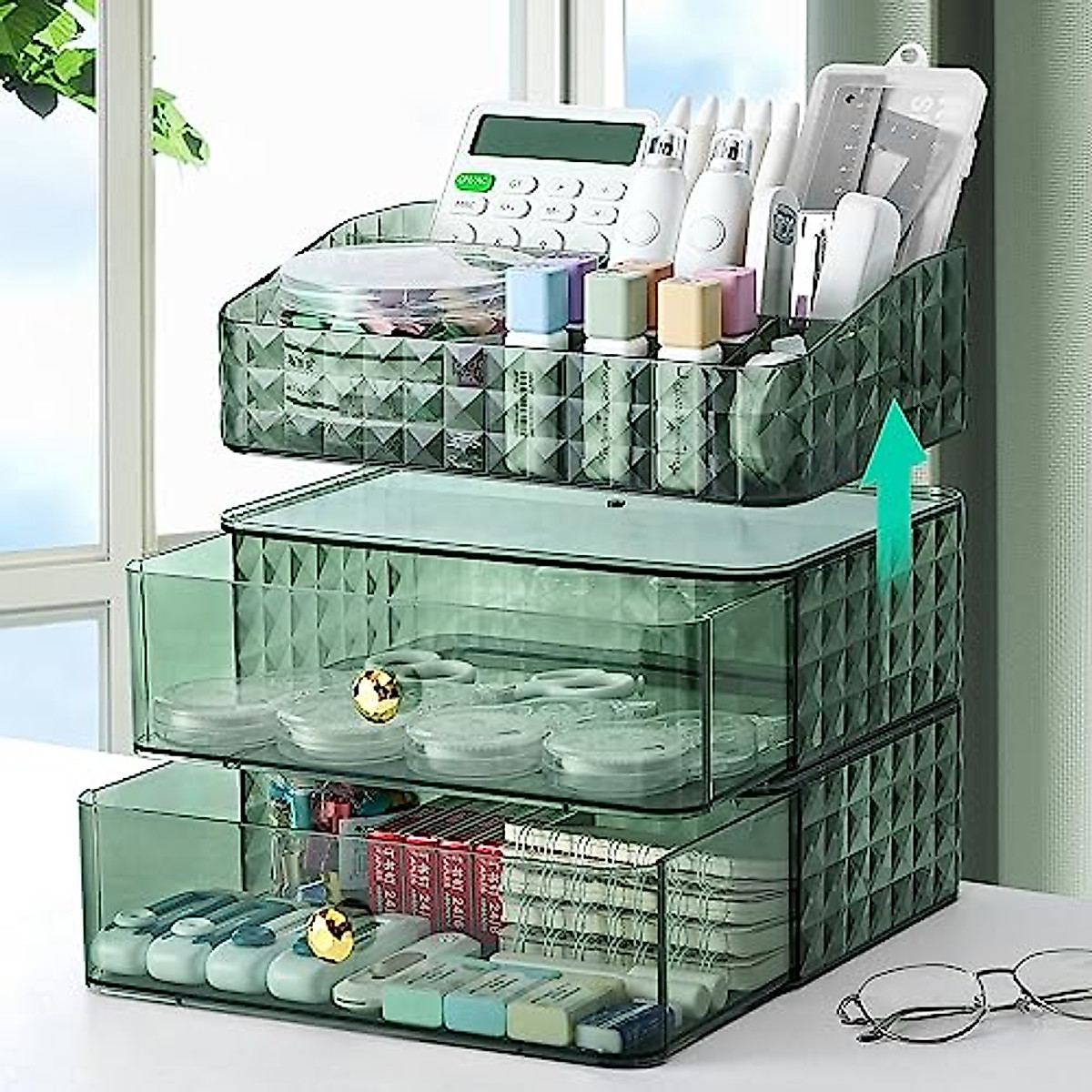 GORET Makeup Organizer for Vanity, Large Capacity Countertop Organizer with 2 Stackable Drawers for Cosmetics, Lipstick, Nail Polish, Jewelry, Makeup Brush, Ideal for Bedroom and Bathroom