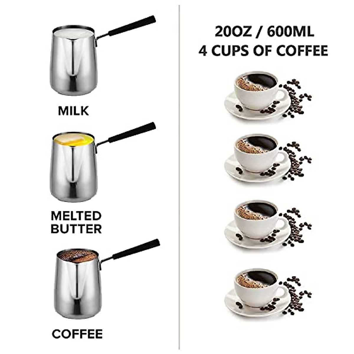 Butter Coffee Milk Warmer Mini Butter Melting Pot Turkish Coffee Warmer and Butter Melting Pot, Stainless Steel, 20-Ounce Capacity (600ML)