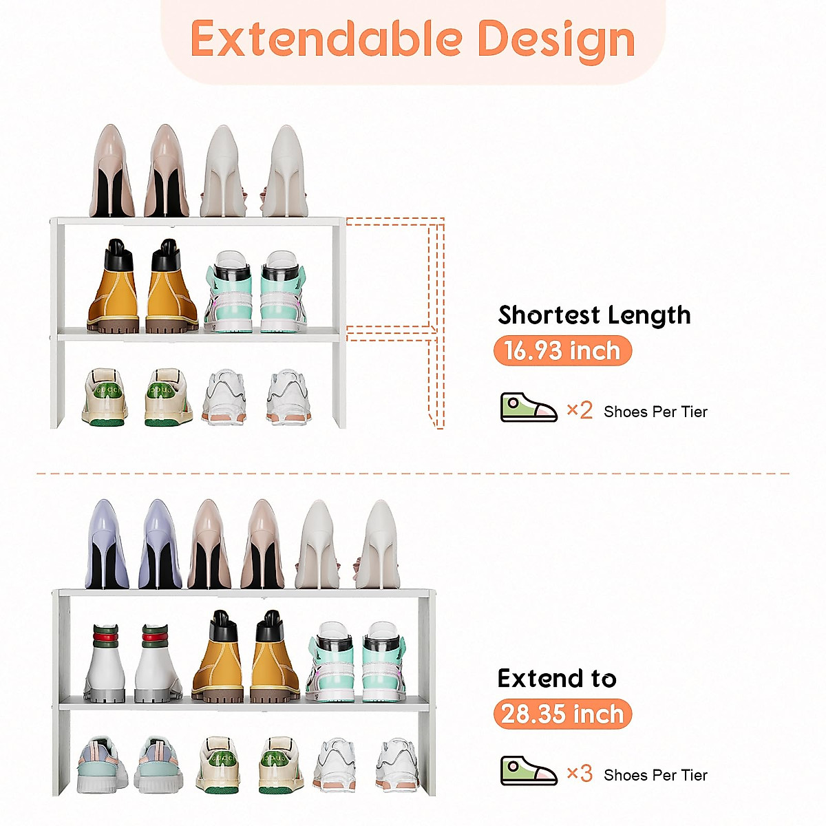 2-Tier Small Shoe Rack Organizer for Closet, Expandable and Adjustable White Shoe Rack, Stackable Iron Wood Combination Shoe Shelves for Closets, Entryway, Small Space, Hallway, Garage