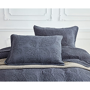 CHIXIN Botanical Cotton Quilt Queen Size - Real Stitching Leaf Pattern - Quilted Bedspread Coverlet Set, Ultra Soft, Lightweight, Reversible, 3 Piece, Dark Grey