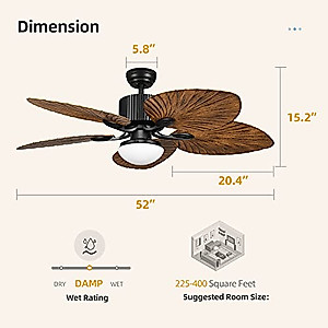 YITAHOME Tropical Ceiling Fan with LED Light and Remote Control 52 Inch Palm Reversible Fan Light with Memory Function 5 Leaf Blades and Balance Clips - Black